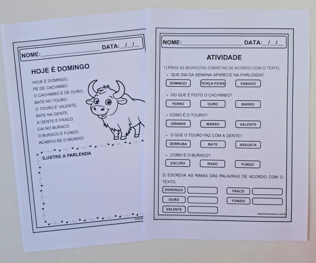 Atividade com a Parlenda “Hoje é Domingo” – Imprimir e Ensinar